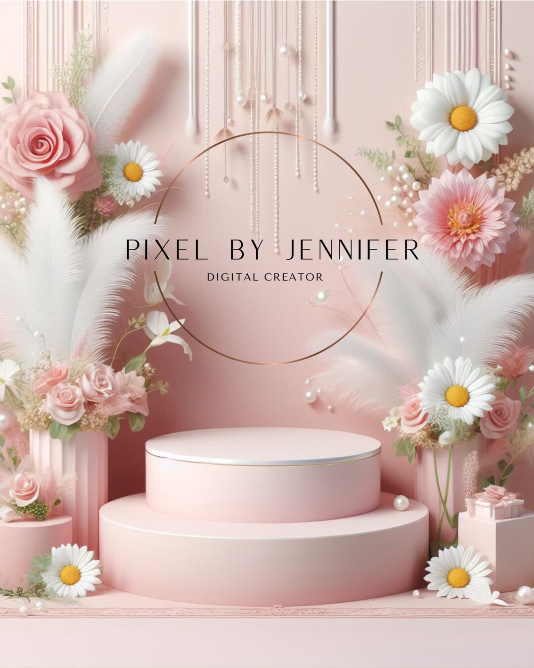 Dreamy Pink Digital Backdrop Platform, Daisies, Feathers, Ideal for ...