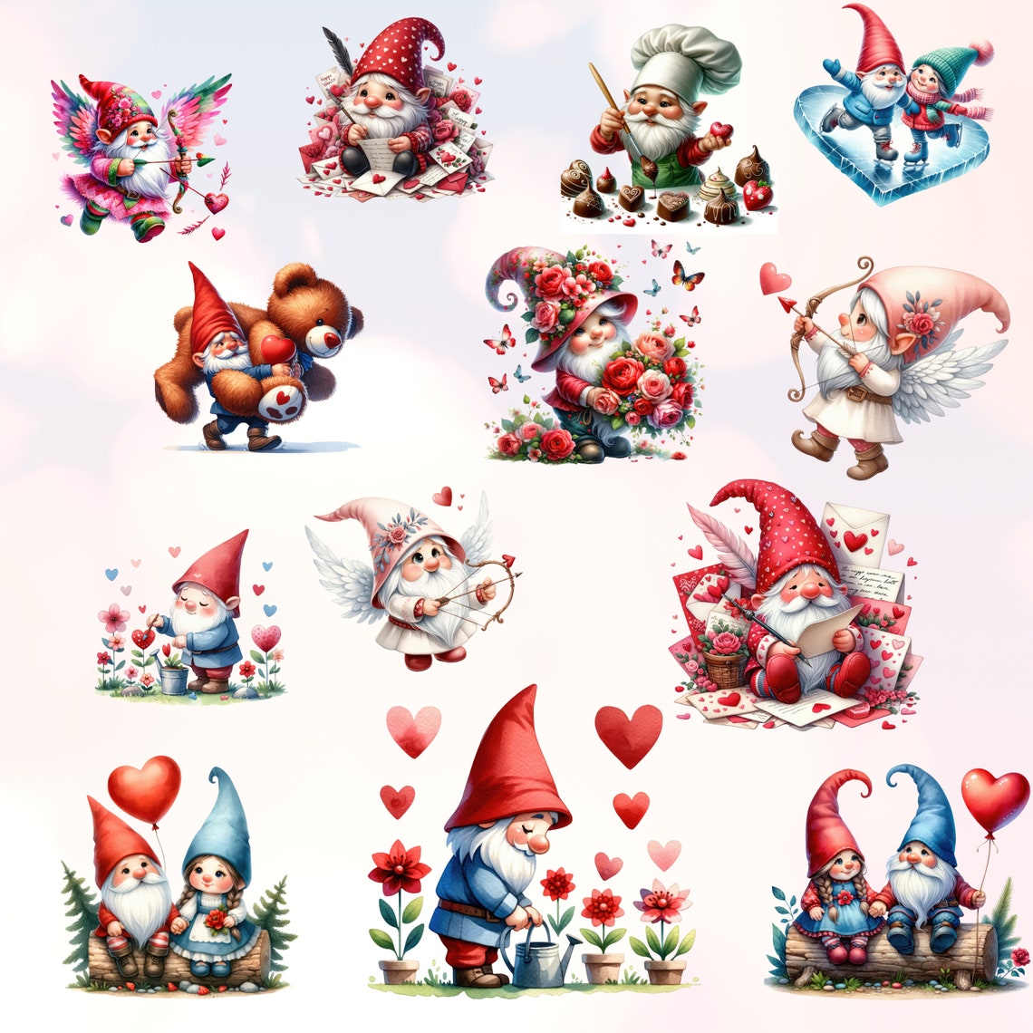 Valentine Gnome PNG Watercolor Clipart, PNG Sublimation Designs, Png ...