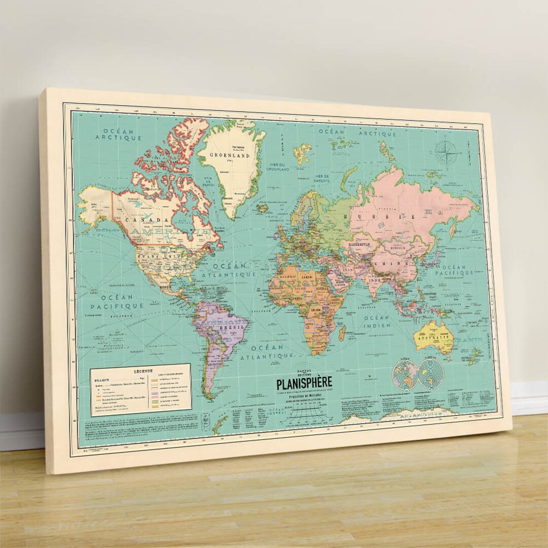 French Poster Current World Map, XL Vintage Style Detailed Planisphere ...
