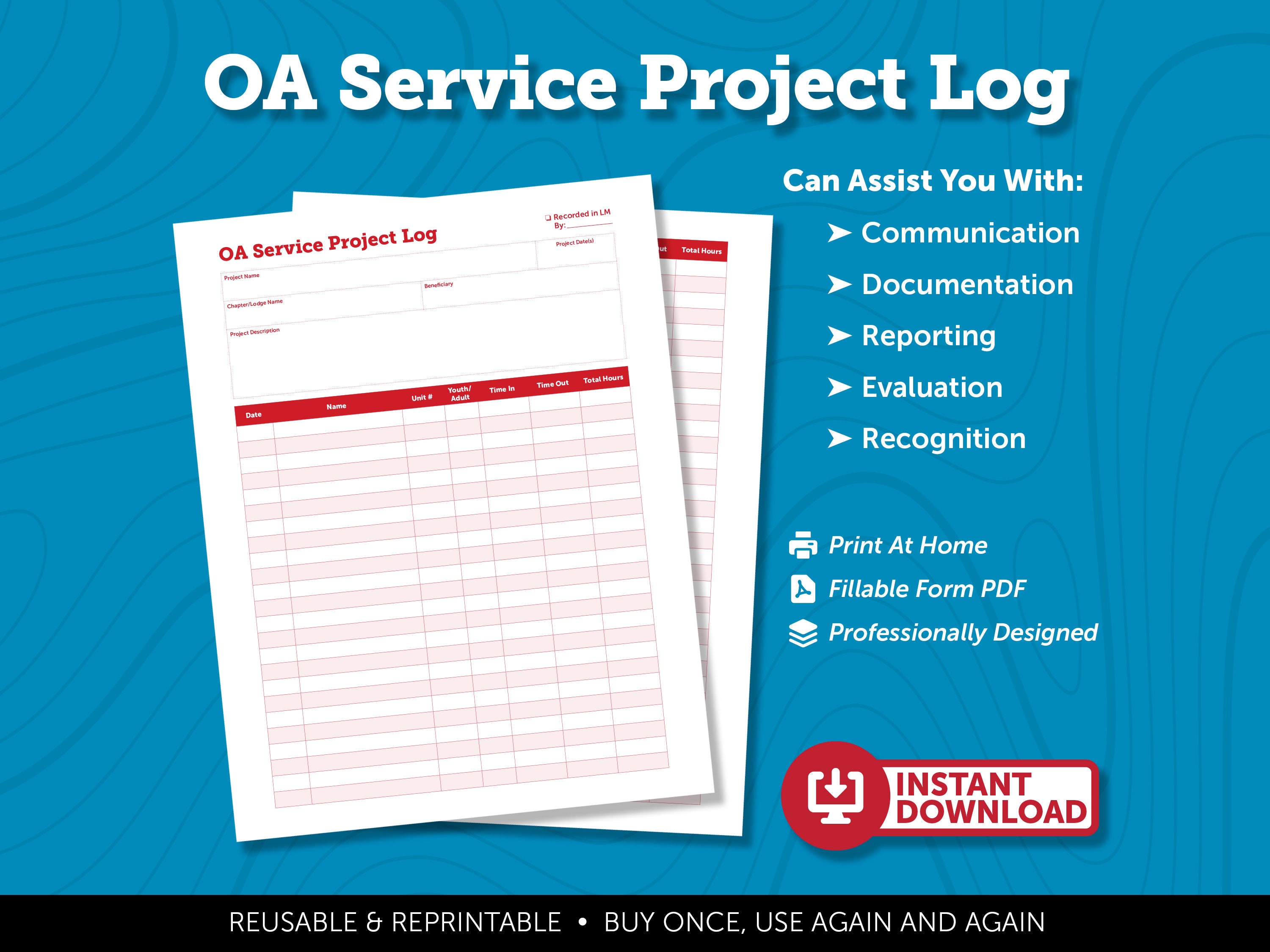 OA Service Project Log, Printable Service Time Sheet, Arrowman ...
