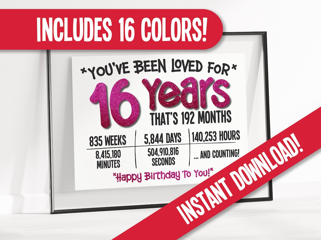 16th Birthday Print Bundle - Celebrate 16 Years Loved, Vibrant Bday ...