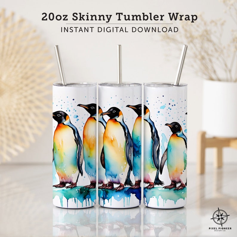 Watercolor Penguin 20oz Tumbler Wrap: Seamless Arctic Birds (digital ...