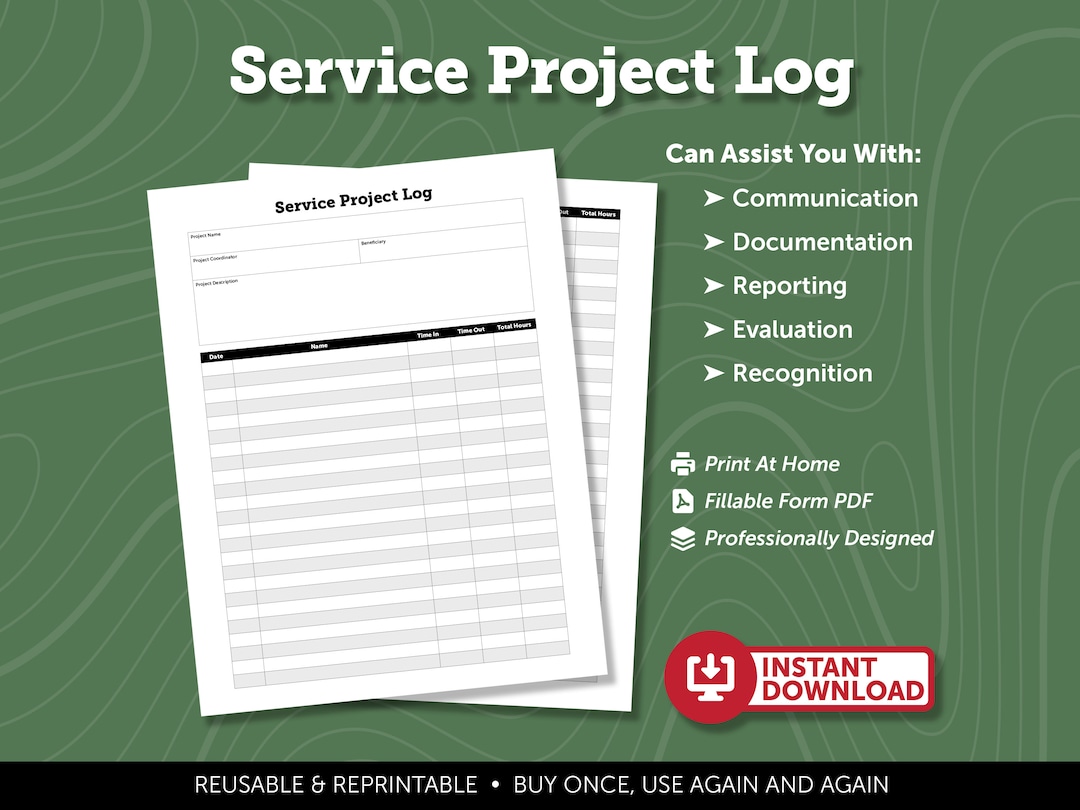 Service Project Log, Printable Service Time Sheet, Volunteer Timesheet ...