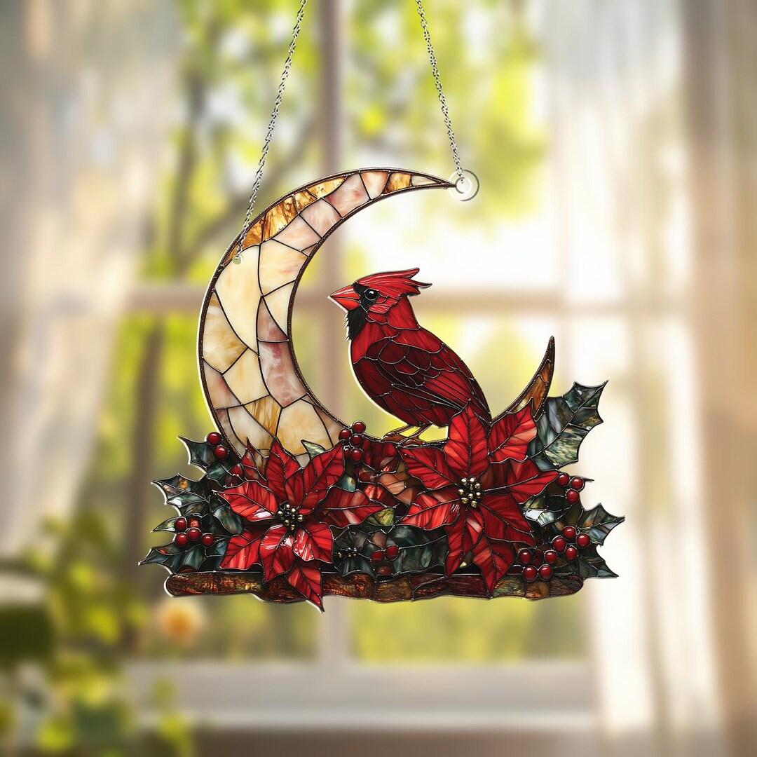 Cardinal Poinsettia Crescent Moon Window Hanging – Faux Stained Acrylic ...