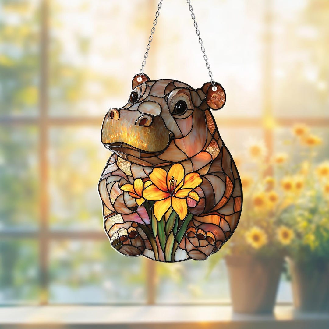 Hippo Suncatcher, Hippo Window Hanging, Flower Hippo Glass Art, Spring ...