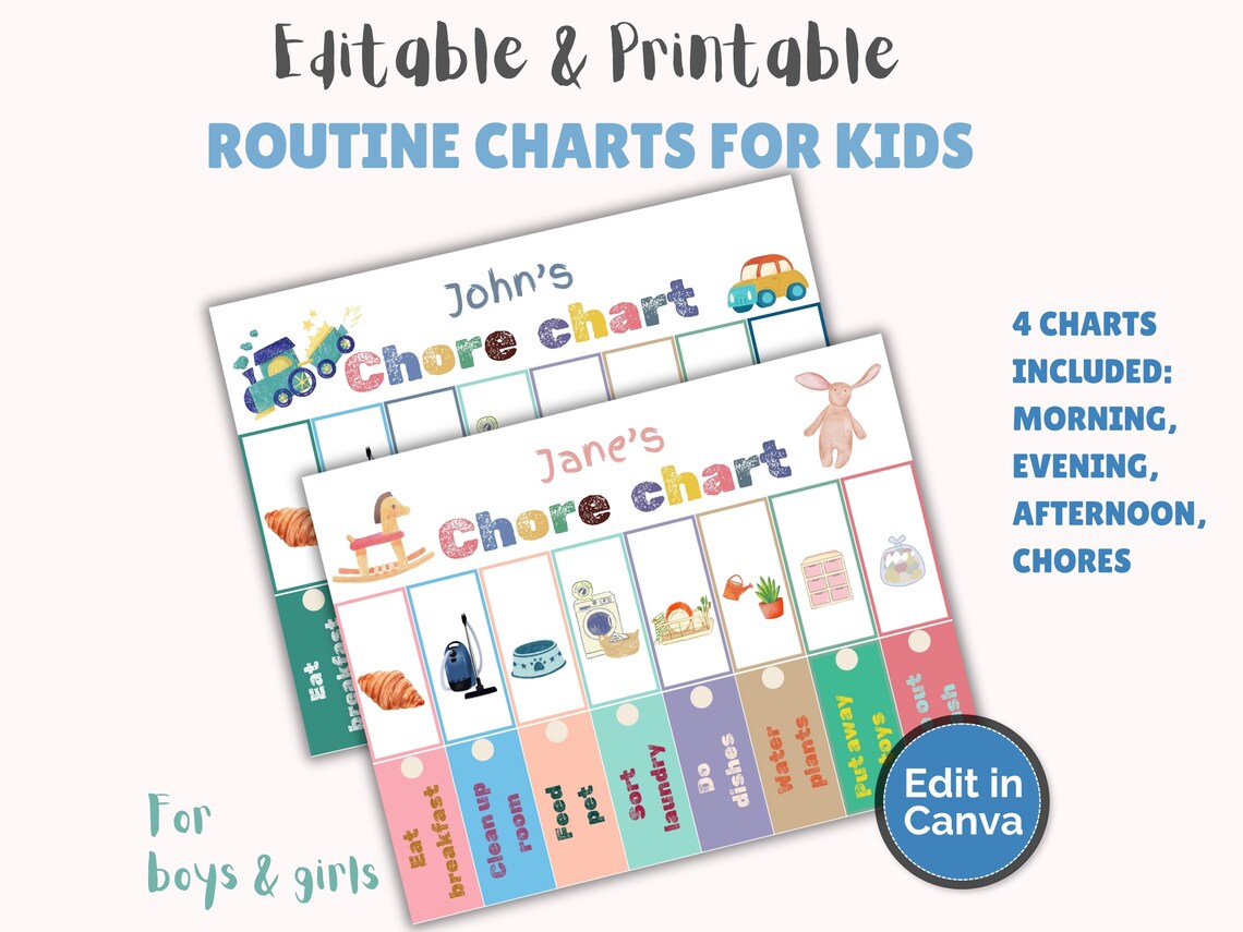 Personalized Kids Chore Chart Printable Toddler Routine Planner Morning ...
