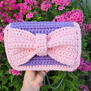Purple & Pink Bow Bag Handmade Crochet Clutch Elegant Statement Purse ...