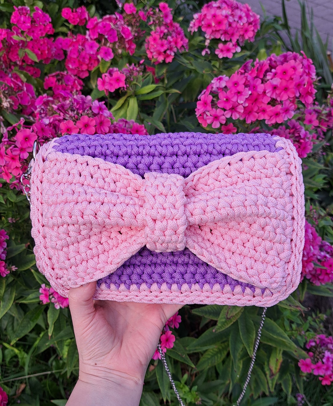 Purple & Pink Bow Bag Handmade Crochet Clutch Elegant Statement Purse ...