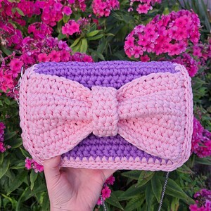 Purple & Pink Bow Bag Handmade Crochet Clutch Elegant Statement Purse ...