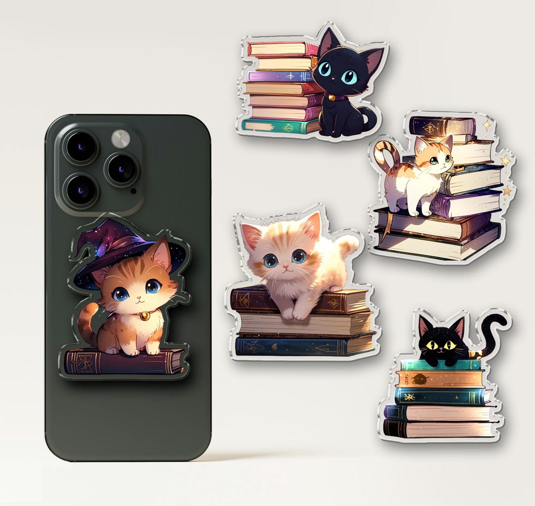 Cats on Books Acrylic Phone Grip Pop Socket Phone Holder Kindle Holder ...