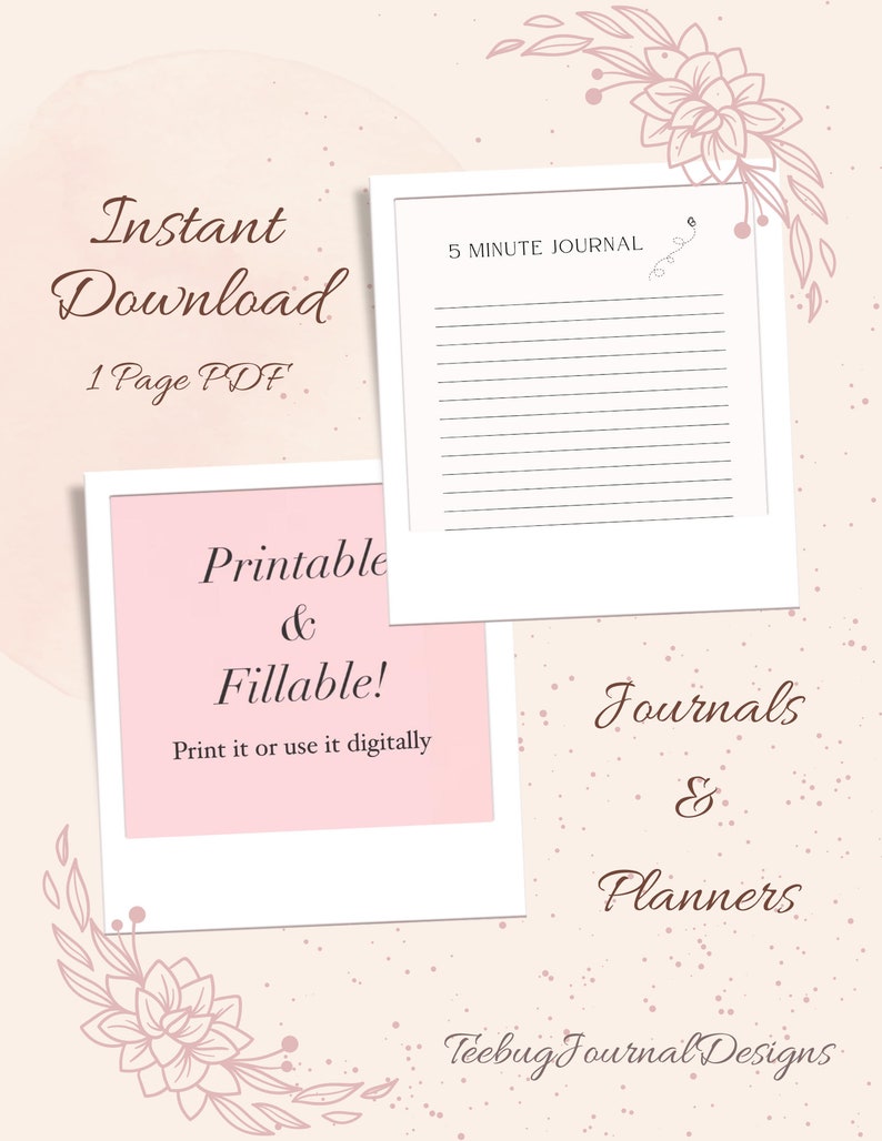 Minimalist 5 Minute Journal Printable and Fillable Template, Daily ...