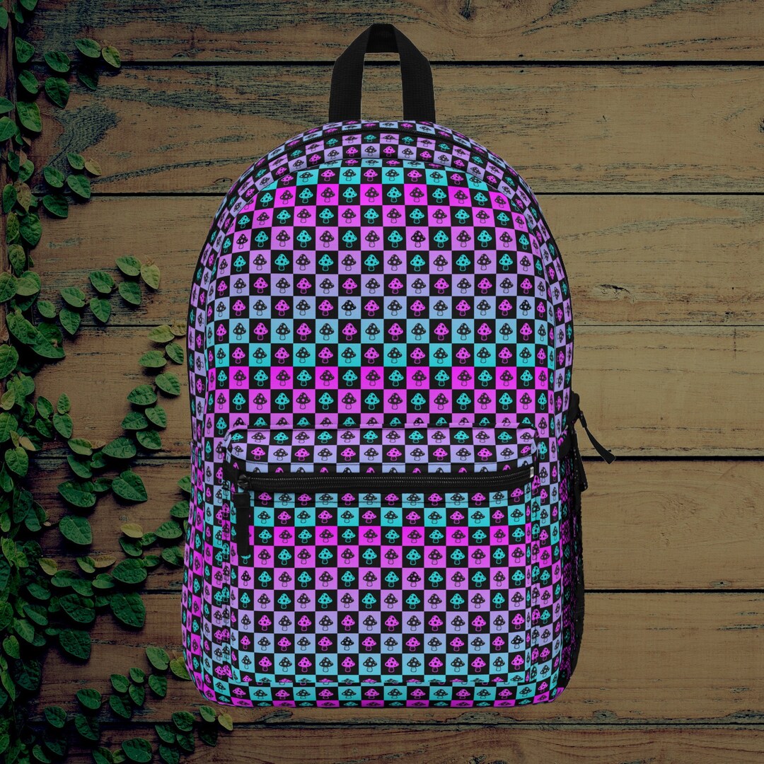 Checkered Backpack - Checkerboard Print With Mushroom Aesthetic Gift ...