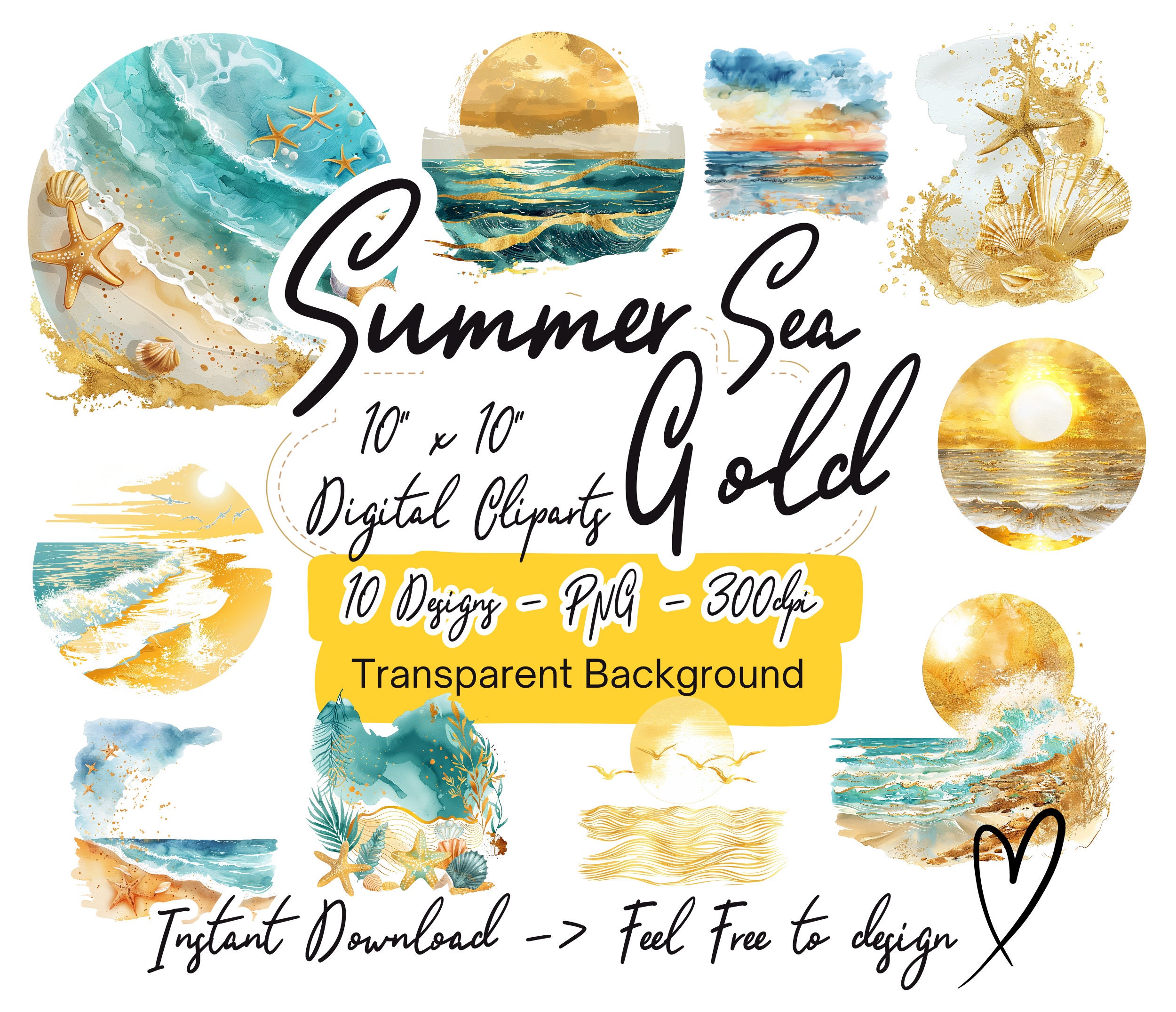 Summer Sea Gold Clipart Bundle Summer Sea Icons, Sunshine, Ocean ...