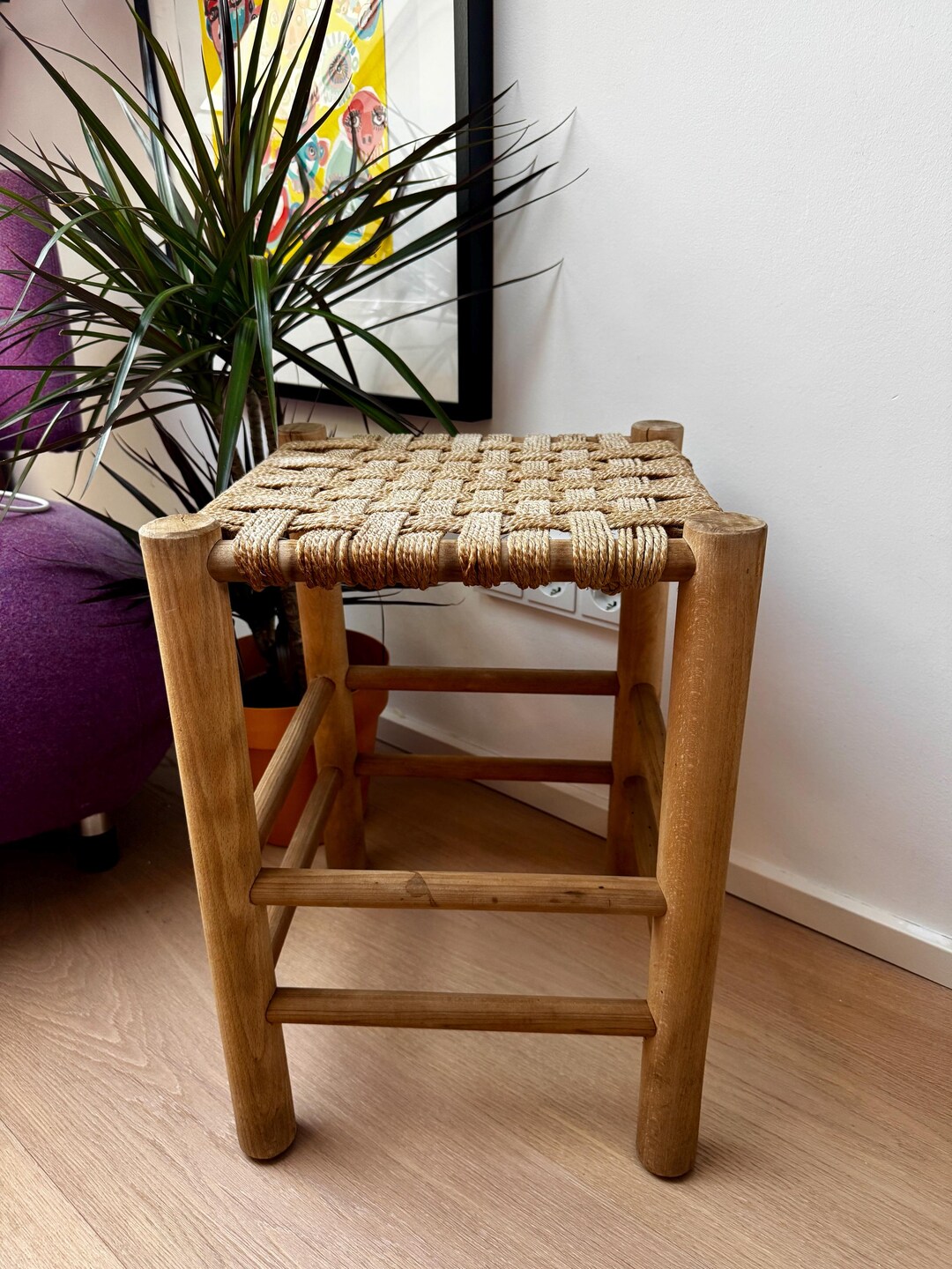 Vintage French Wooden Stool With Woven Rope Seat — Mid-century Rustic ...