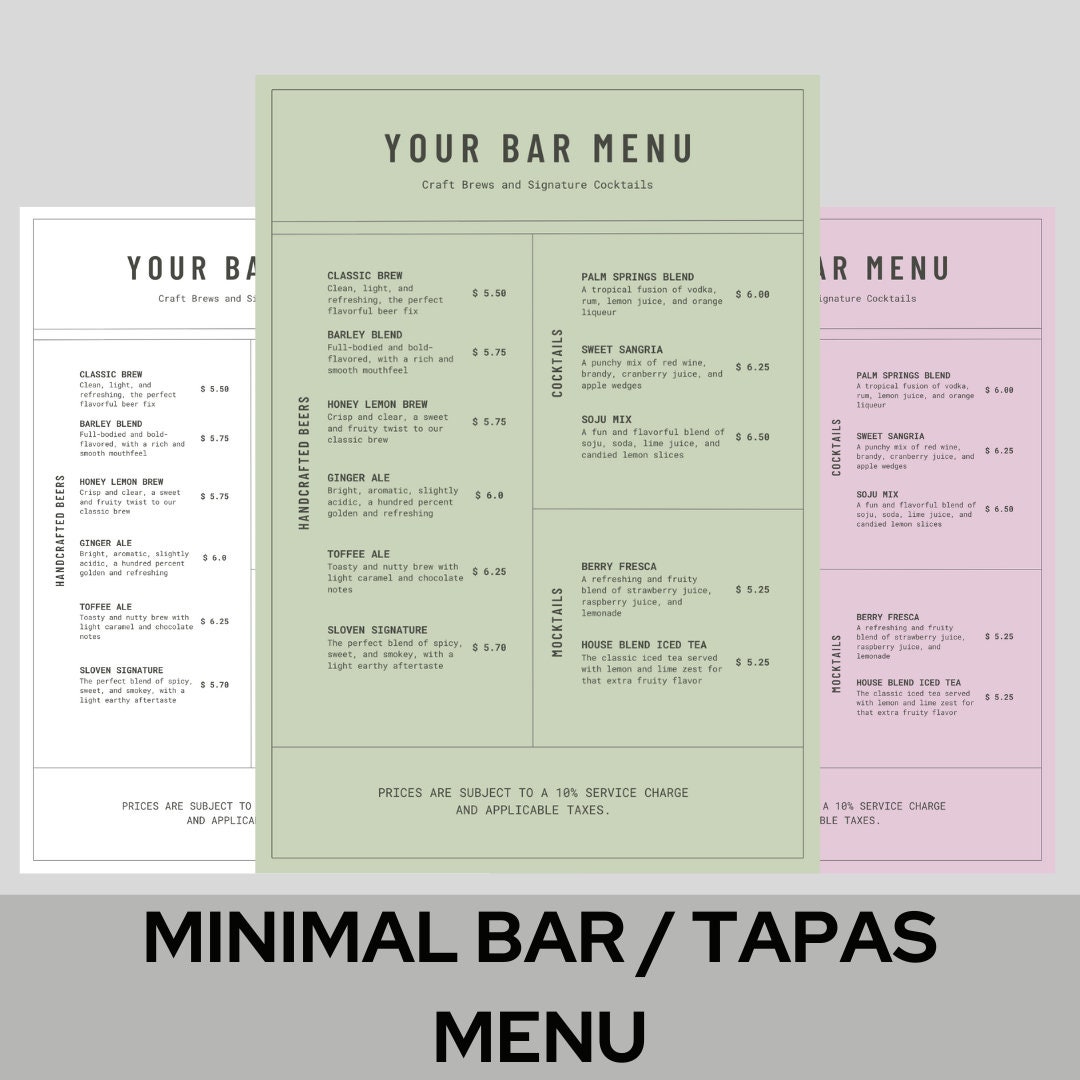 Minimal Simple Typographic Restaurant, Bar, Tapas Menu, Muted Green ...