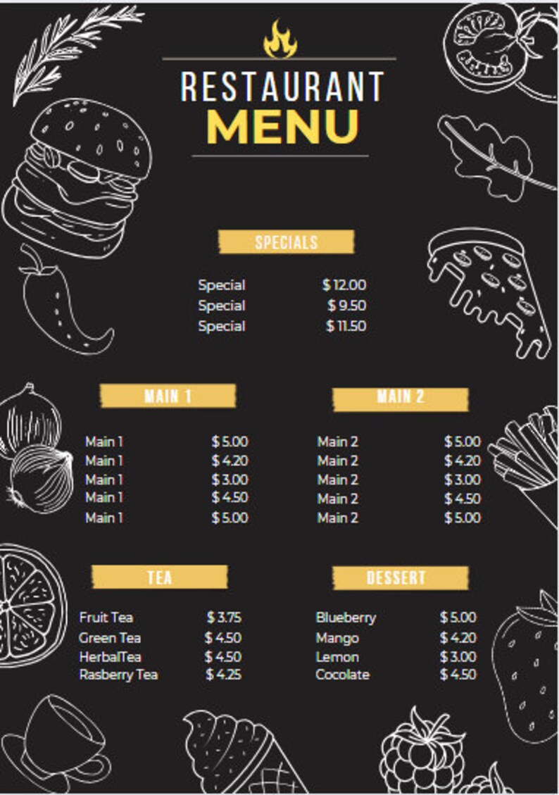 Restaurant Menu Black and Yellow - Etsy