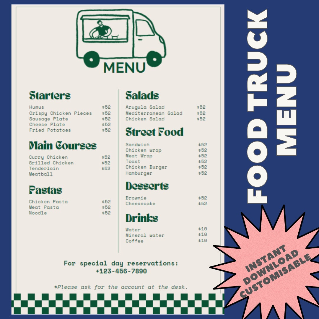 Food Truck Menu Template, Printable, Digital, Instant Download - Etsy