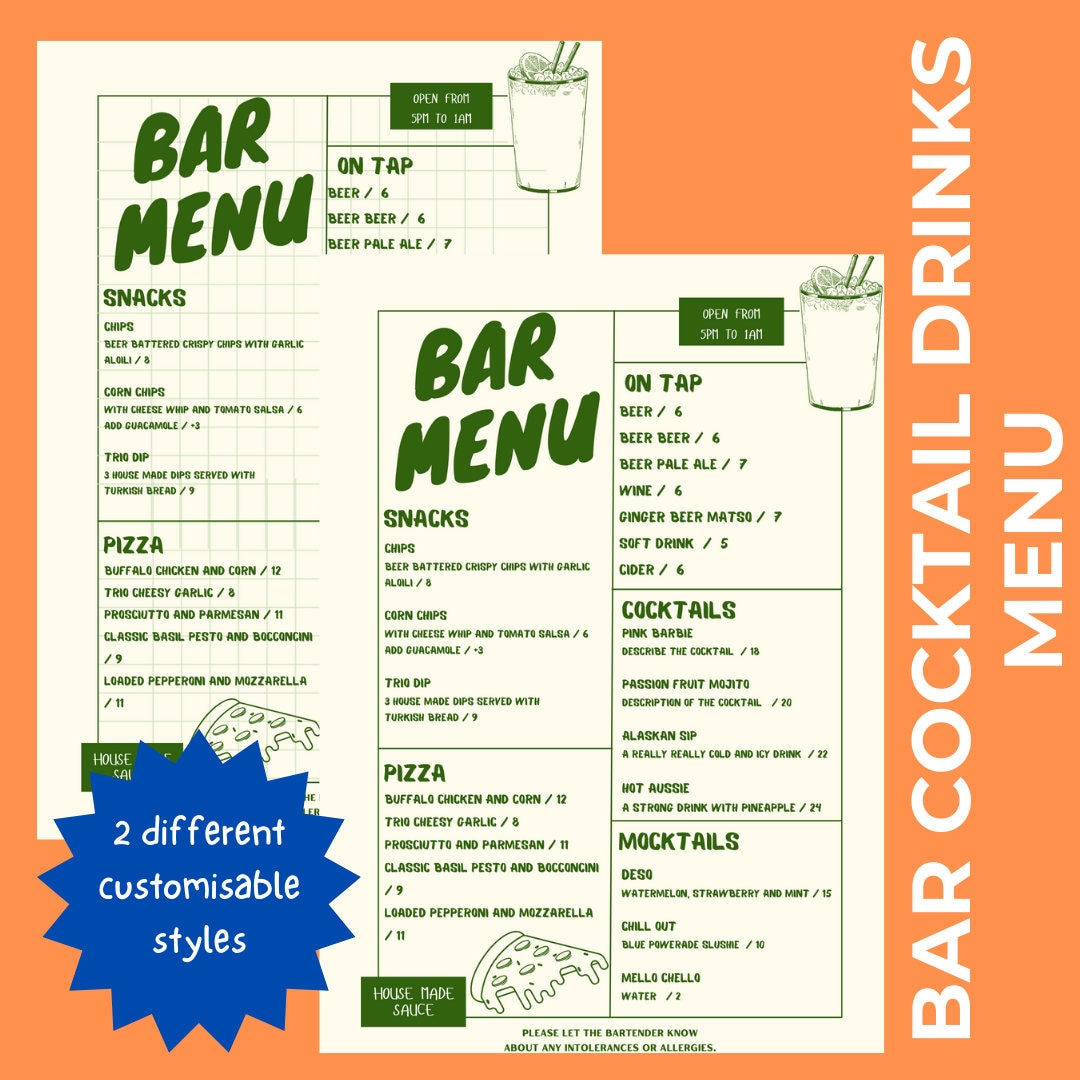 Bar, Cocktail, and Restaurant Drinks Menu, Instantly Downloadable ...