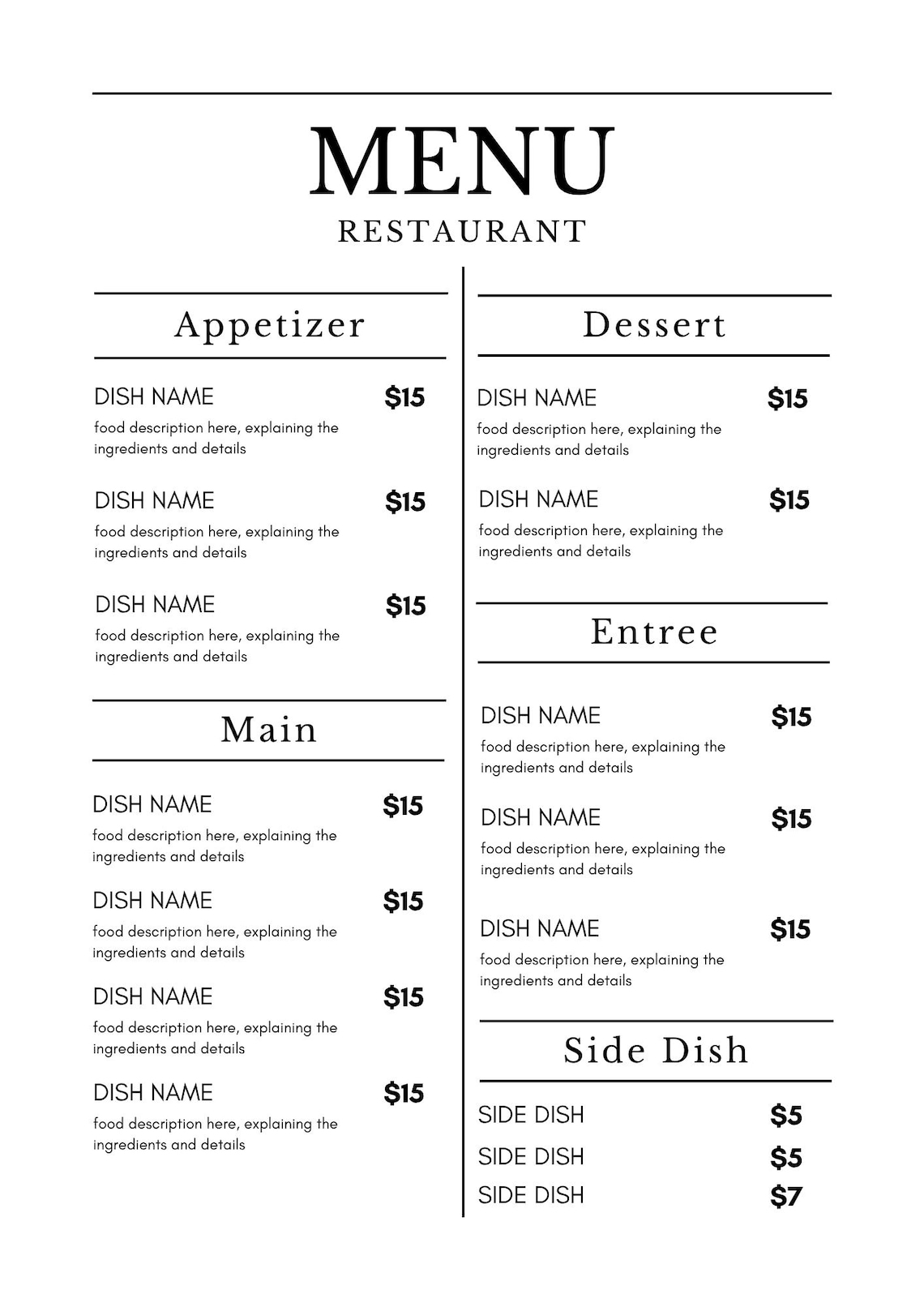 Small Simple Minimal Restaurant Menu, Digital Download Menu Template ...
