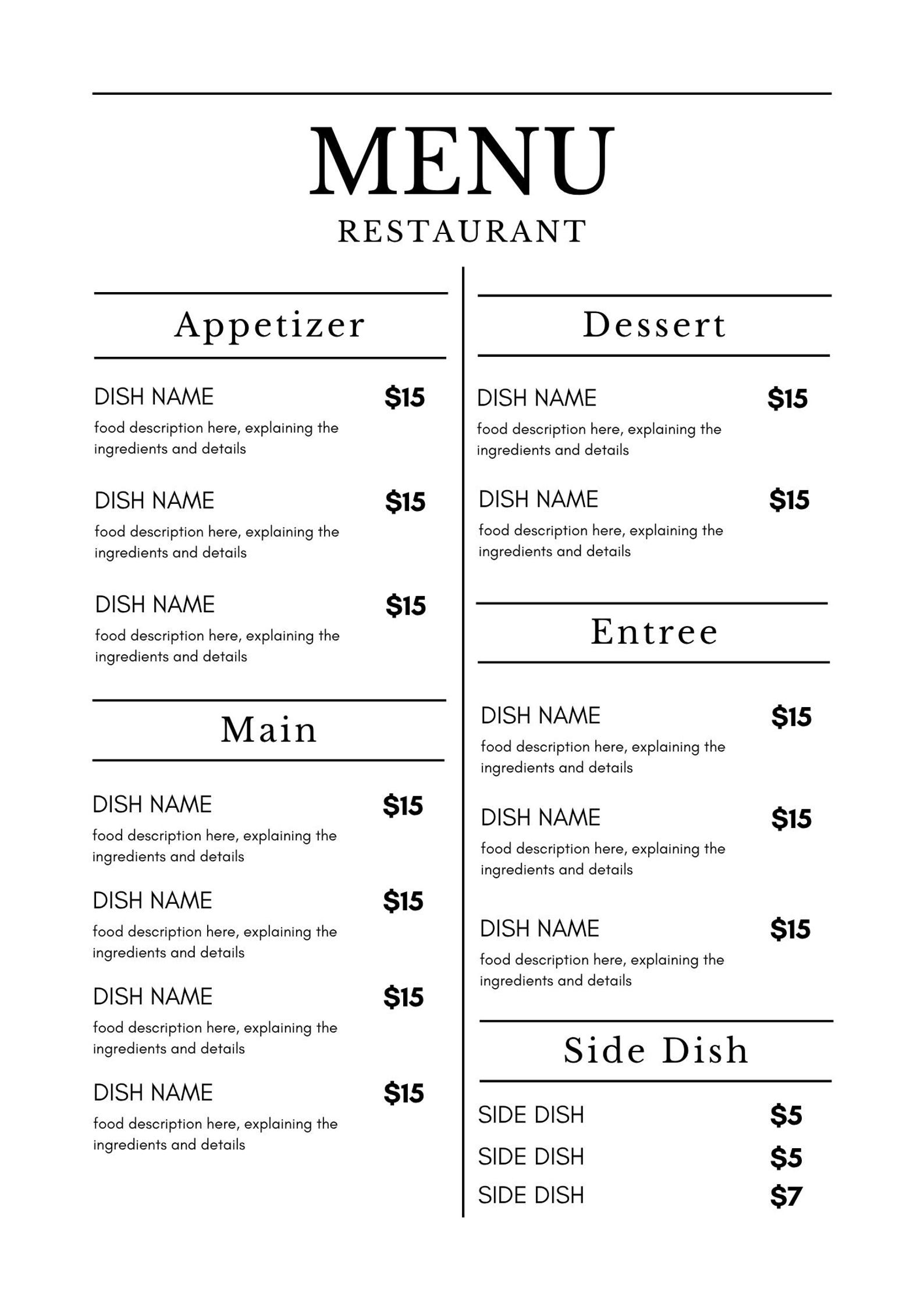 Small Simple Minimal Restaurant Menu, Digital Download Menu Template ...