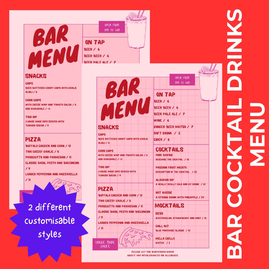 Bar, Cocktail, and Restaurant Drinks Menu, Instantly Downloadable ...