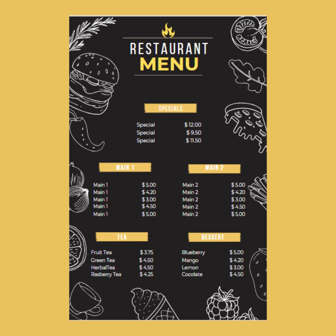 Restaurant Menu Black and Yellow - Etsy