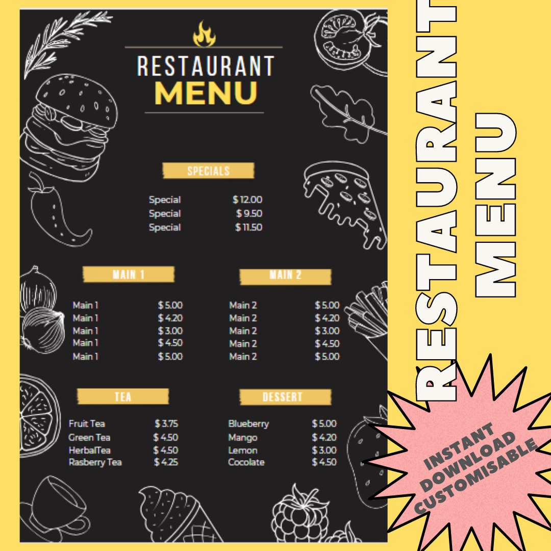 Restaurant Menu Black and Yellow - Etsy