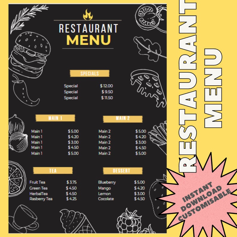 Restaurant Menu Black and Yellow - Etsy