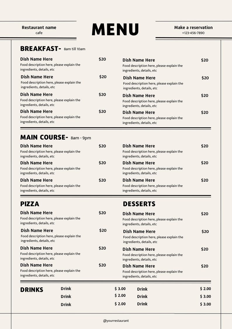 Sleek Cafe Menu Template, Beige and White, Customizable (digital ...