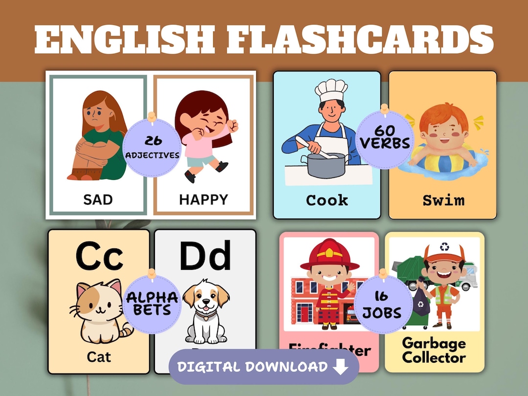 English Language Flashcards for Kids| Digital Download, Verbs ...