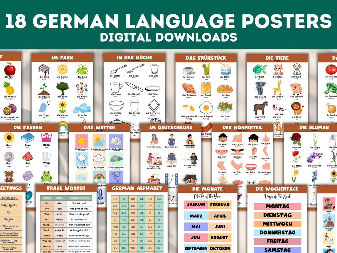 GERMAN POSTERS, German Language Learning, Set of 18 Posters, Learn ...