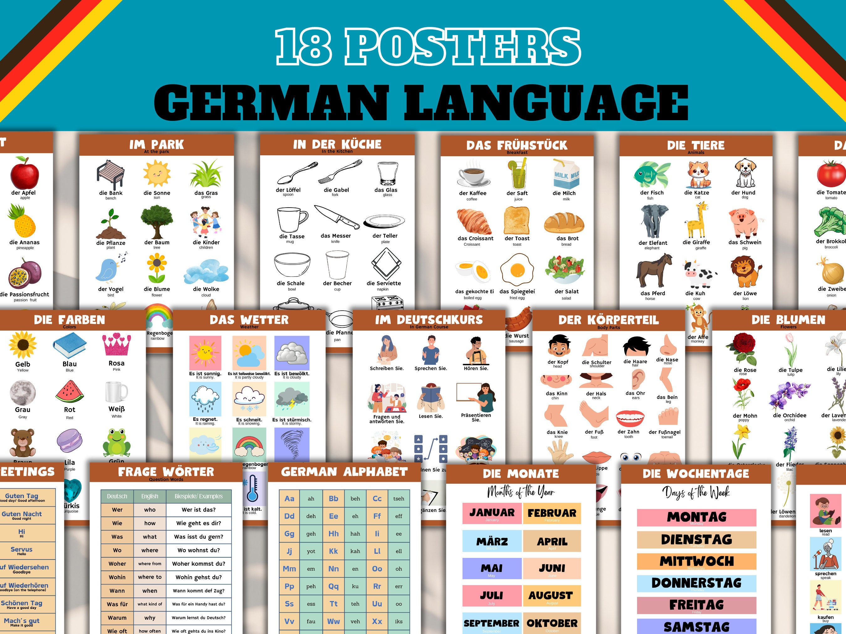 GERMAN POSTERS, German Language Learning, Set of 18 Posters, Learn ...