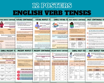 ENGLISH VERB TENSES, Set of 12 Posters, Grammar Charts for Homeschool ...