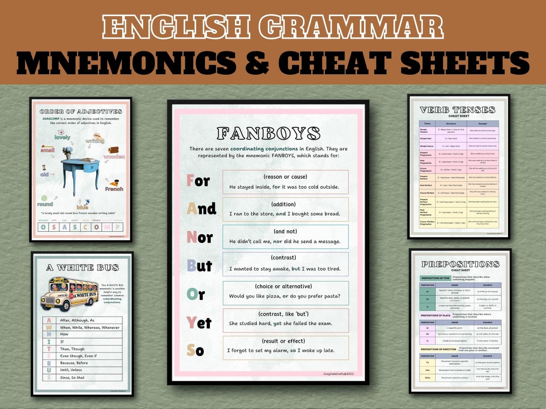 English Grammar Mnemonics & Cheat Sheet Posters – FANBOYS and A White ...