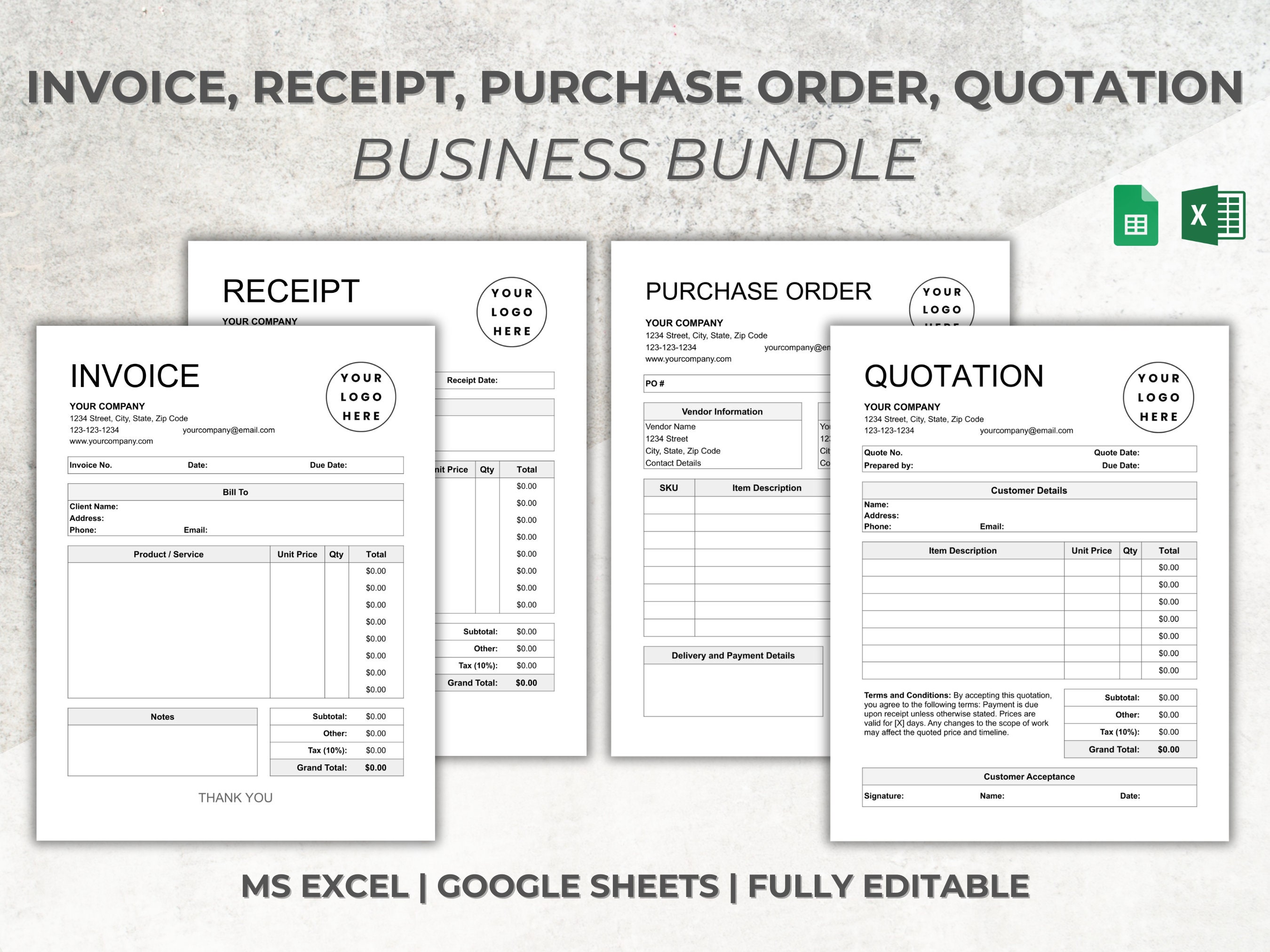 Invoice, Receipt, Purchase Order Form, Price Quotation, Excel/google ...