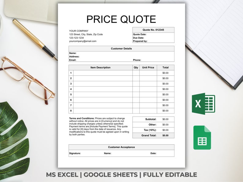 Price Quote Template Editable Quote Form Job Quotation for Small ...