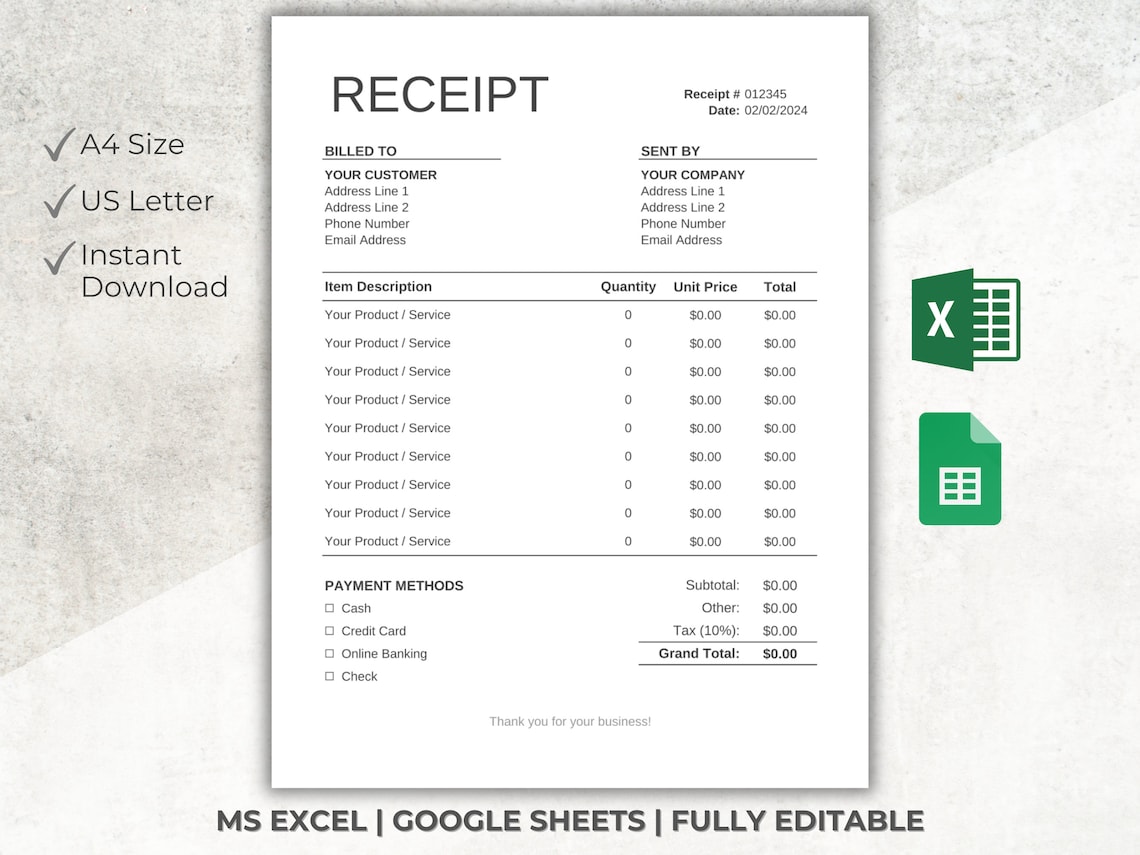 Quittungsvorlage Excel, bearbeitbarer Verkaufsbeleg, Google Sheets ...