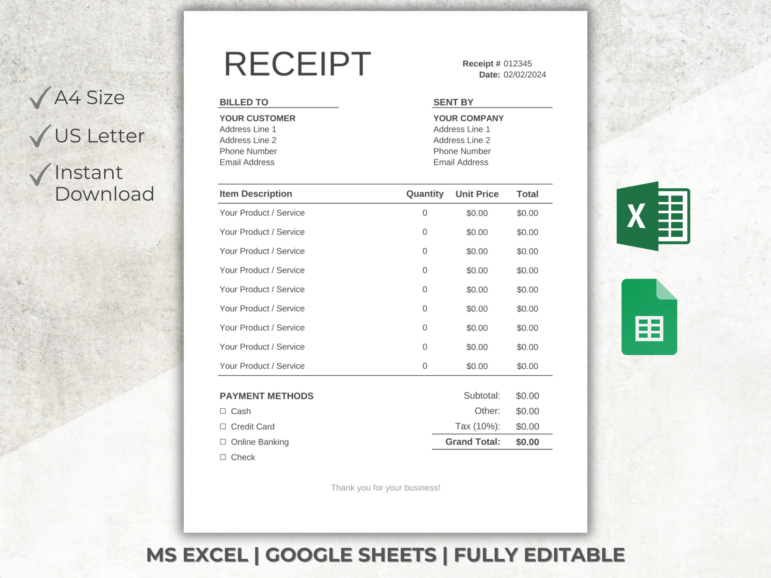 Receipt Template Excel, Editable Sales Receipt, Google Sheets, Small ...