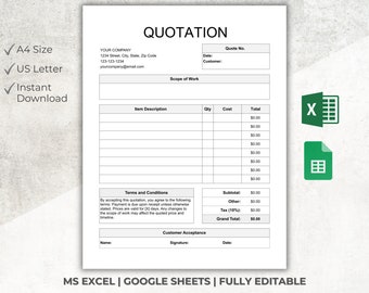 Quotation Template | Editable Quote Form | Price Quote for Small Business | MS Excel | Google ...