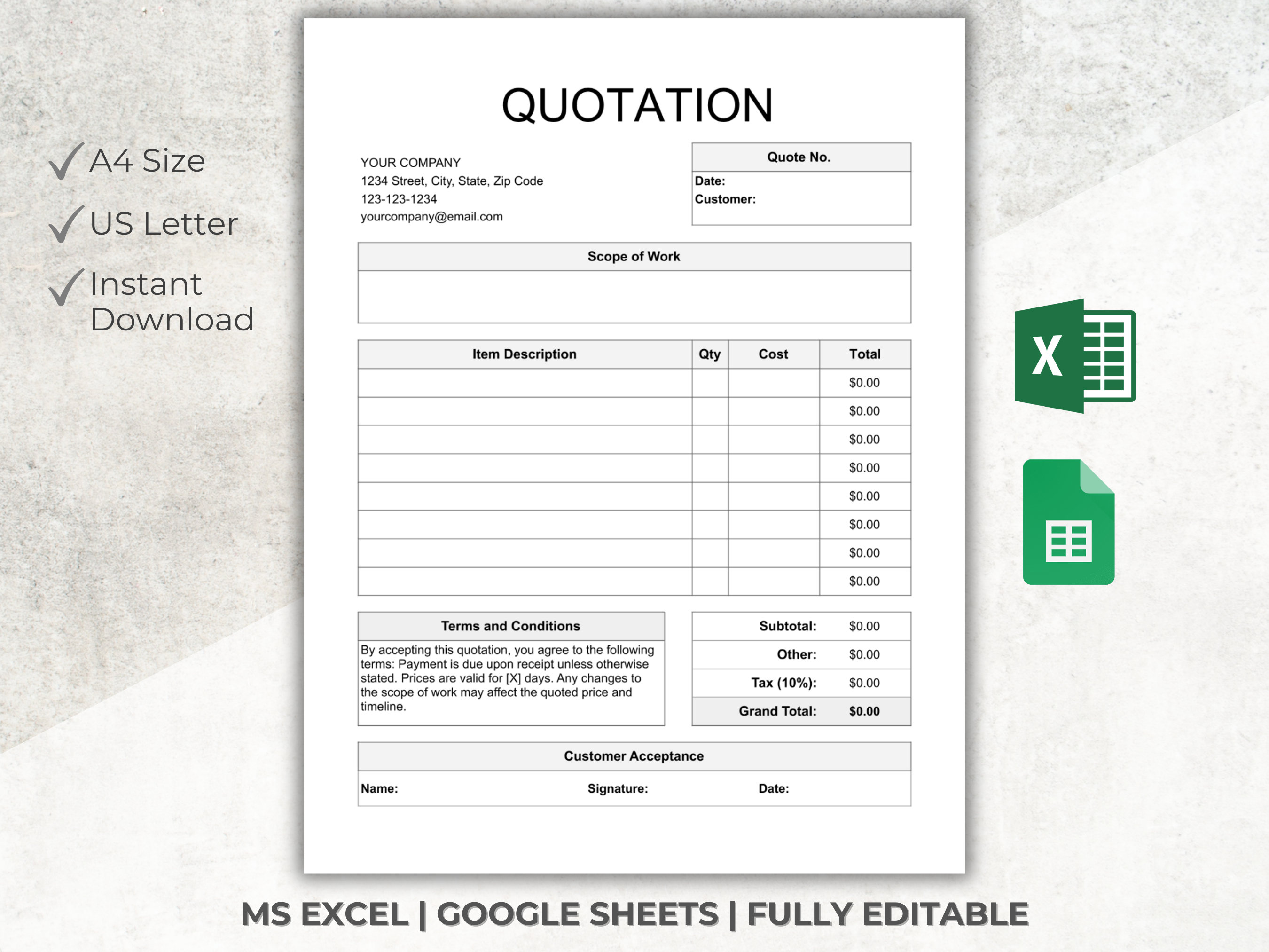 Quotation Template | Editable Price Quote | MS Excel | Google Sheets ...