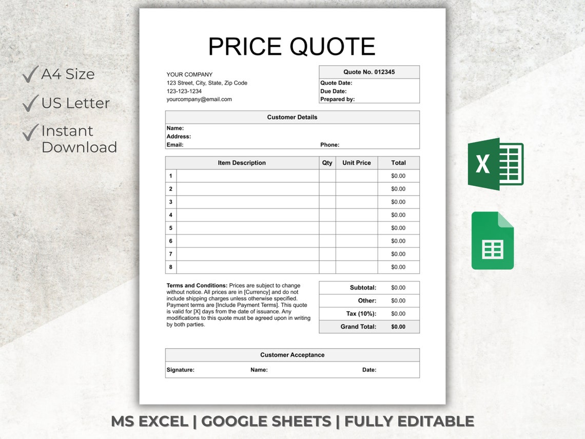 Price Quote Template | Editable Quote Form | Job Quotation for Small ...