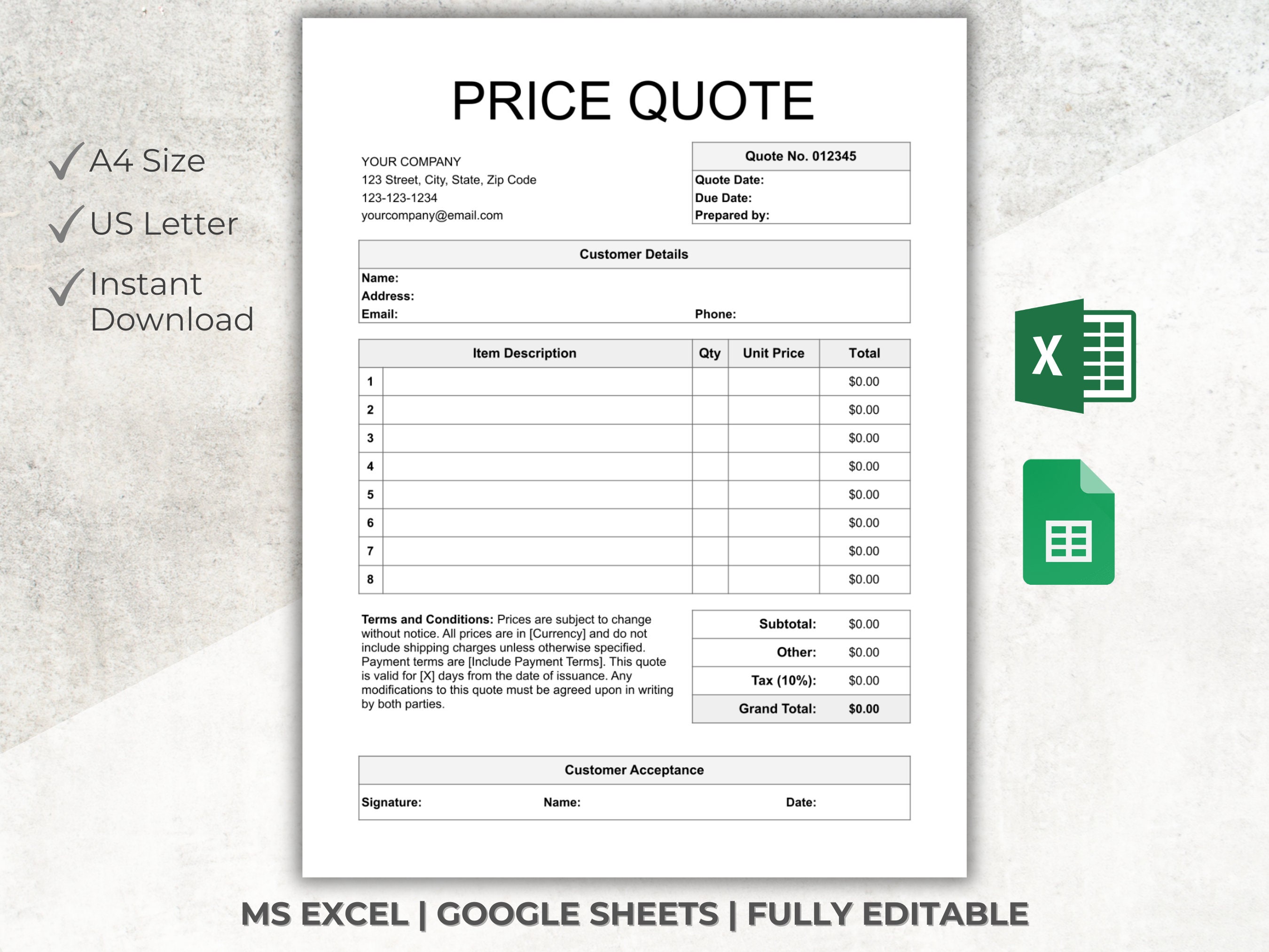 Price Quote Template | Editable Quote Form | Job Quotation for Small ...