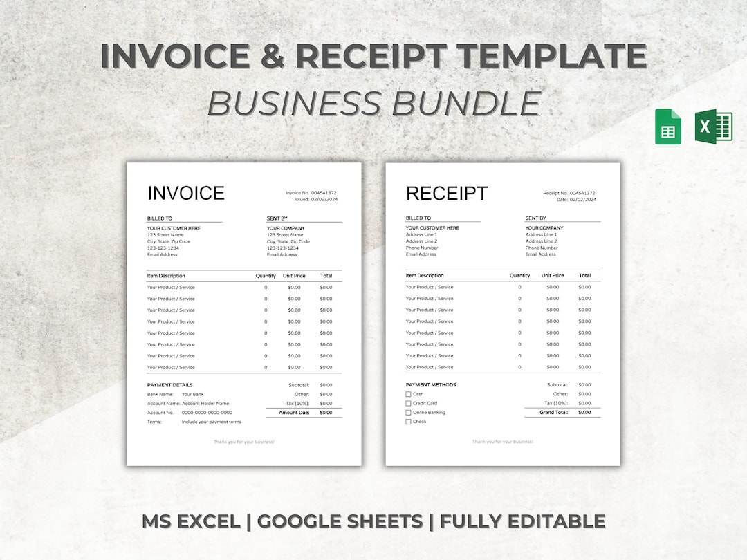 Invoice and Receipt Template, Excel, Google Sheets, Client Receipt Form ...