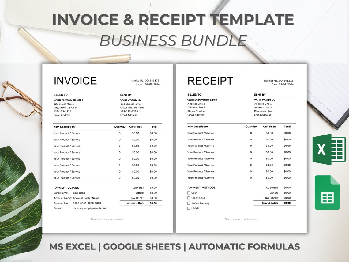 Invoice and Receipt Template, Excel, Google Sheets, Client Receipt Form ...