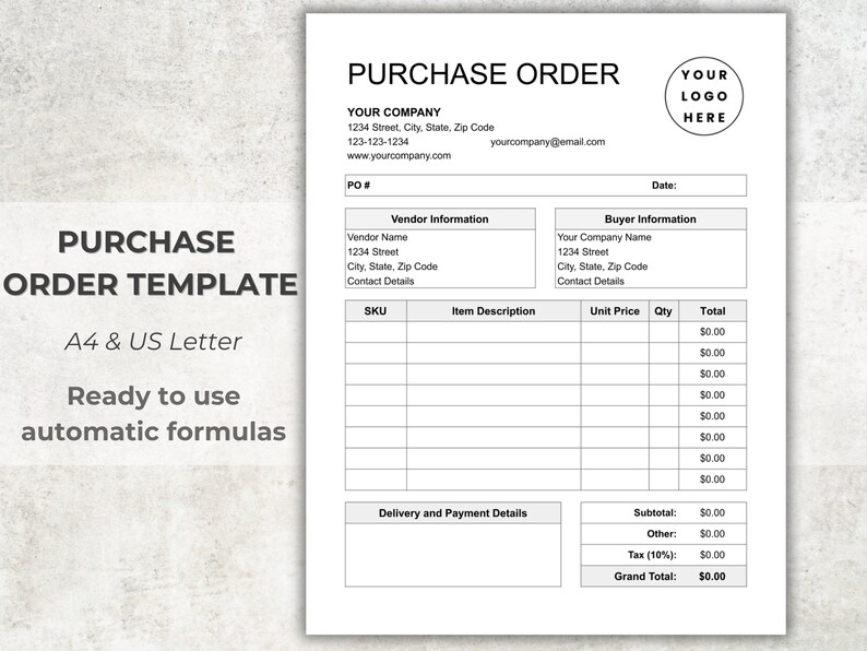 Purchase Order Form, Excel/google Sheets, Editable Purchase Request ...
