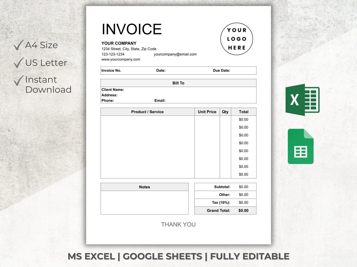 Invoice Template Excel, Editable Google Sheets, Printable Invoice Form ...