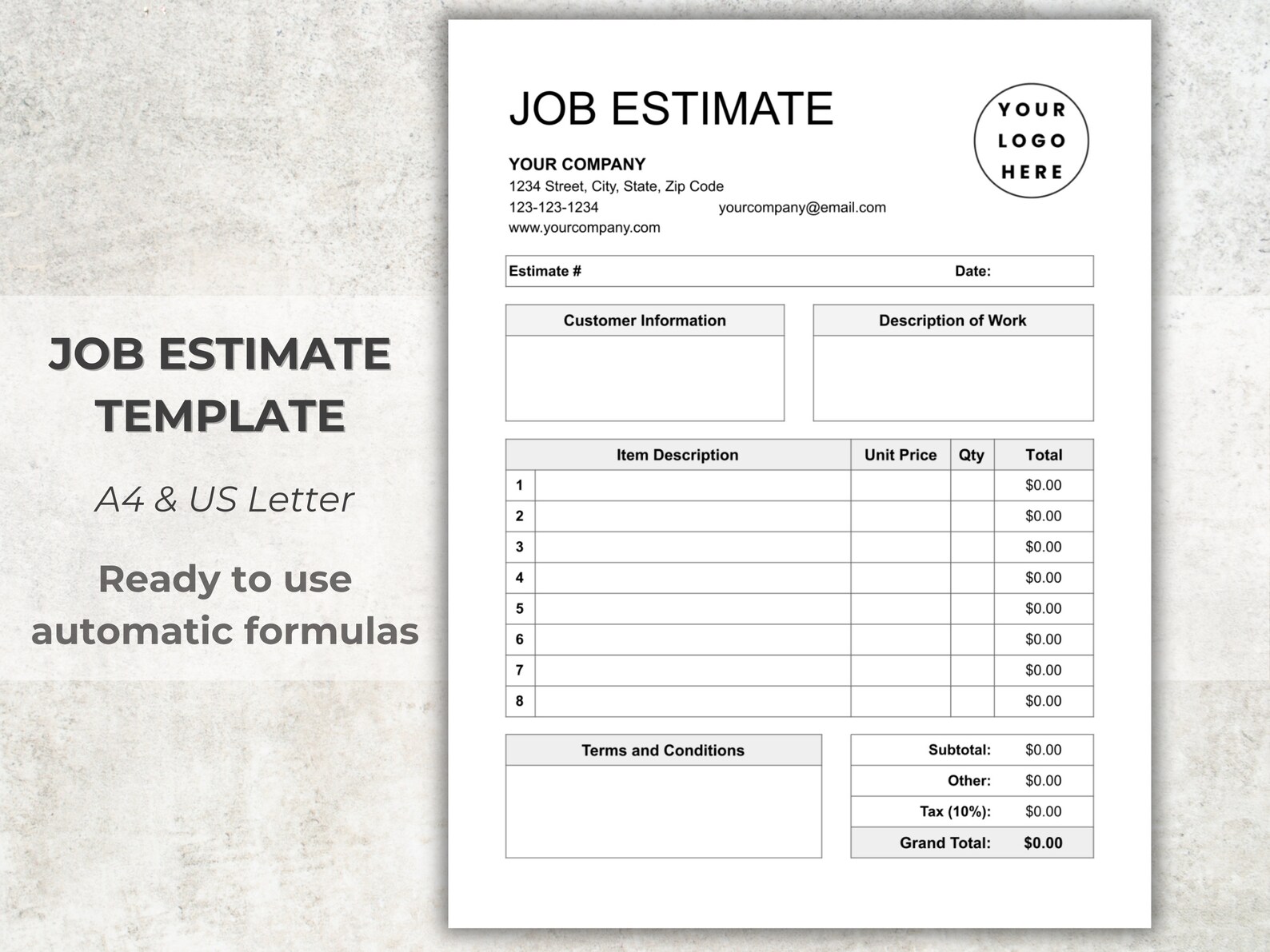 Job Estimate Template, Editable Business Proposal (excel/google Sheets ...