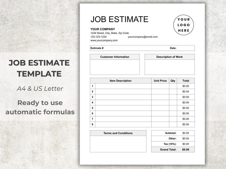 Job Estimate Template, Editable Business Proposal (excel/google Sheets ...