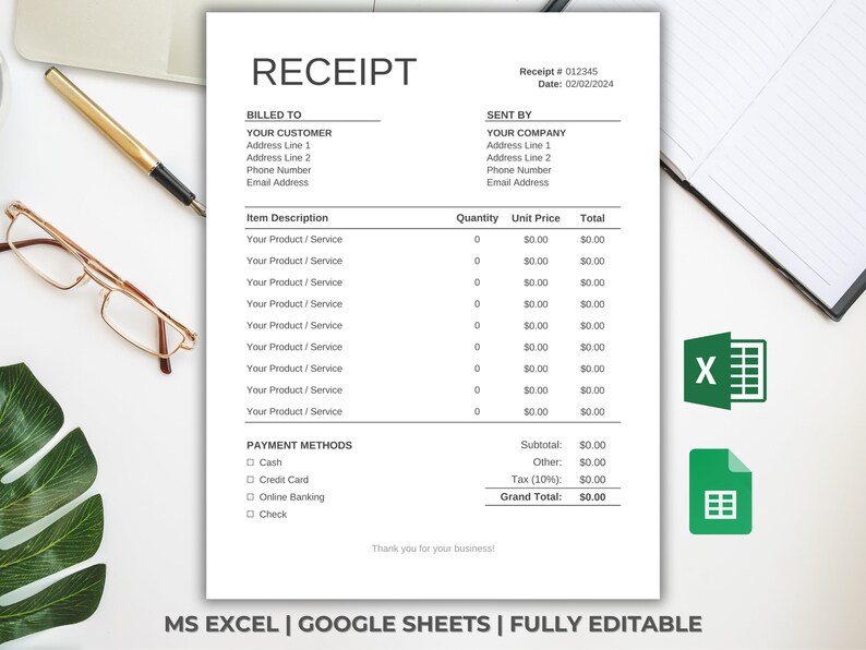Receipt Template Editable Receipt Form MS Excel Google Sheets Small ...