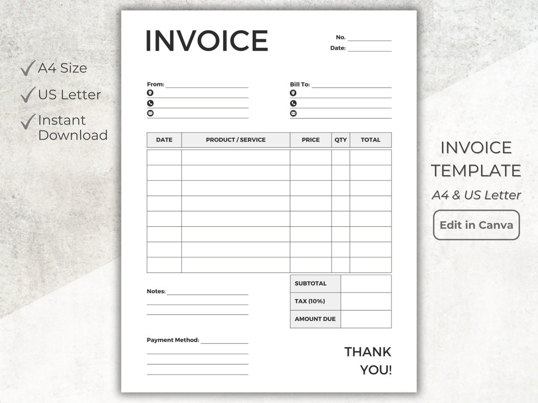 Blank Invoice Canva Template, Printable PDF Billing Form, Editable ...
